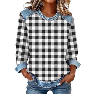Generic Sweat-shirt en denim patchwork surdimensionn&eacute; &agrave; col rond pour femme - Pull confortable &agrave; manches longues - Chemises en jean tendance &agrave; carreaux - Haut