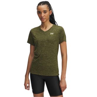 Under Armour T-Shirt f&uuml;r Damen, V-Ausschnitt, lose Passform (Olivgr&uuml;n)