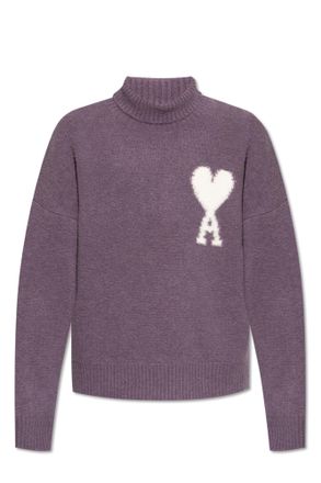 Ami Wool Turtleneck With Logo, Mens, Purple