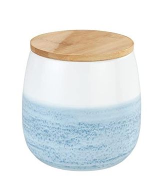 WENKO Aufbewahrungsdose Mala 1 L, hochwertige Keramikdose in Weiß mit Aquarell-Dekor in Blau, FSC zertifizierter Bambusdeckel mit Silikonring zur luftdichte