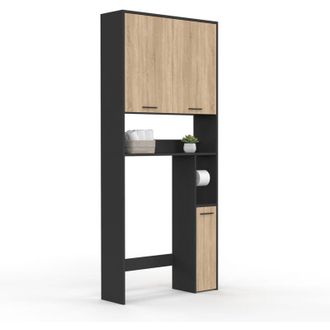 IDMarket Idmarket - Meuble &eacute;tag&egrave;re dessus wc wallis noir et bois fa&ccedil;on h&ecirc;tre