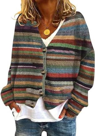 Onsoyours Gilets Femme Automne Hiver Chic Col V Veste Imprim&eacute; Manches Longues Tricot&eacute; Cardigan &Eacute;l&eacute;gant L&acirc;ch&eacute; Bouton Pull Outwear Casual Manteau Sweater Haut Top