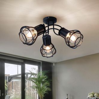 Globo Lighting Plafonnier Grille Salon Plafonnier noir 3 flammes Rondelle, m&eacute;tal, 3x E27 douilles, DxH 47x25 cm