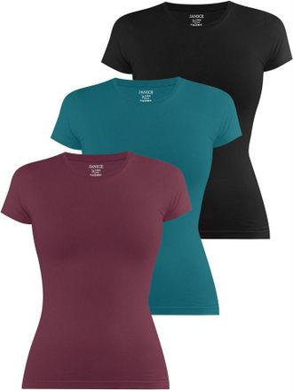Janice Kurzarmshirt 3 x Damen T-Shirt hochgeschlossen Nice Figurbetontes Shirt aus Baumwolle