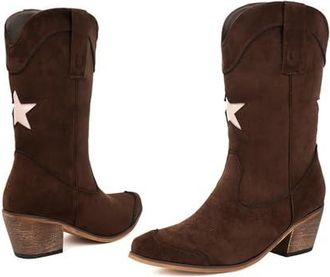 Generic Bottes courtes &agrave; bout pointu et &agrave; talon &eacute;pais pour femme - Coupe en V - Large mollet - Chaussures brod&eacute;es pour lhiver, marron, 37.5 EU