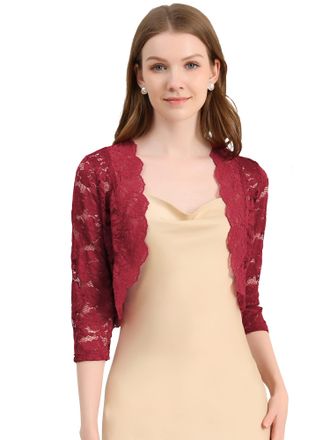 Allegra K Damen Spitzen Festlich Bolero 3/4 &Auml;rmel Hochzeit Strickjacke Vorne Offen Crop Cardigan Shrug Dunkelrot M