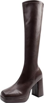 Generic Bottes montantes au genou pour femme - Talon bloc - &Eacute;l&eacute;gantes - Couleur unie - Semelle &eacute;paisse - Extensible - Style d&eacute;contract&eacute; et classique, marron, 