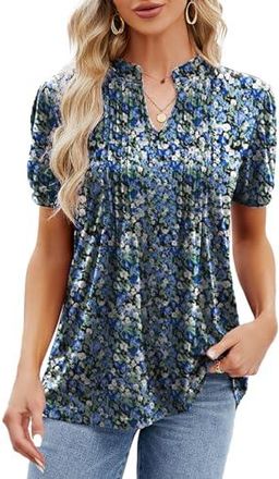 SHEKINI Chemisier Femme Chic et Élégant à Col en V Blouse Femme Été Manches Courtes Tunique Femme Longue T-Shirt Haut Top Décontracté imprimé Floral Coupe Amp