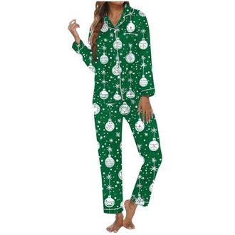 Generic Ensemble de pyjama de No&euml;l pour femme avec poche boutonn&eacute;e et manches longues, Vert, XXL