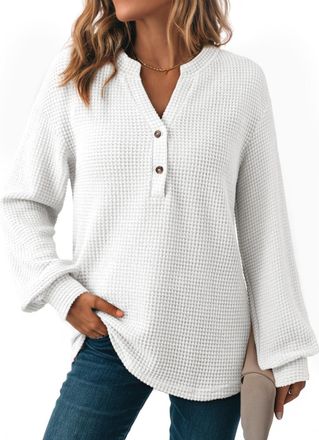 Dokotoo Bluse Damen Langarm Waffel V-Ausschnitt Oberteile Herbst Pullover Sweatshirt Langarmshirt Tops L&auml;ssig Blusen Tuniken Einfarbig T-Shirts Oberteil Wei&szlig; 