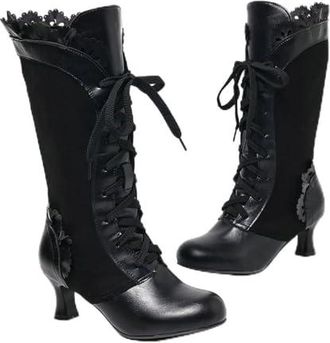 Generic Bottes déquitation vintage à volants gothiques mi-mollet à lacets Bout rond Talon chaton Brouge Chaussures pour fête Costume, Noir, 39.5 EU
