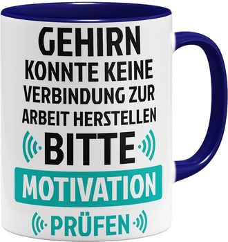 OM3 witzige Kaffee-Tasse mit Spruch - Gehirn keine Verbindung zur Arbeit - Motivation - B&uuml;rotasse - Keramik Becher - 325ml - Beidseitig Bedruckt - Dunkelb