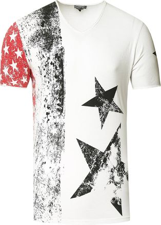 Rusty Neal Herren T-Shirt USA Stars and Stripes V-Neck Regular Fit Rundhals Verwaschen S M L XL XXL 3XL 236, Farbe:Weiß, Größe:L