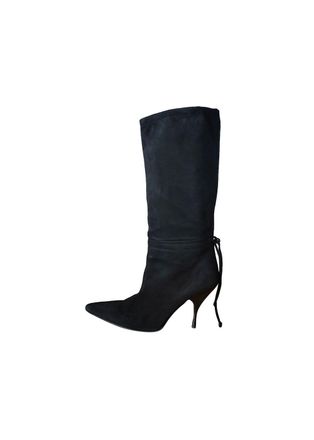 Miu Miu Black Suede Ankle Tie Tall Boots Size 37.5