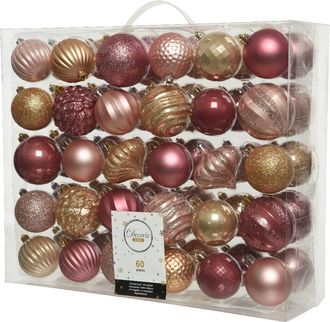 Kaemingk Weihnachtskugeln Kunststoff 6-7cm x 60 Stück Ornamente Mix Christbaumkugeln Set rosa beige Hellrosa