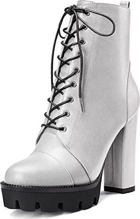 Castamere Femmes Haut High Talon Heel Plate-forme Bloc Chunky Rond Bout Bottines Lacets Fermeture à Glissière Bottes Argent 37 EU