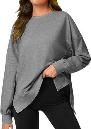 Generic Chandails surdimensionn&eacute;s &agrave; col rond pour femme, manches longues, fente lat&eacute;rale, pull tendance, tunique, tenues dautomne, gris, XXL