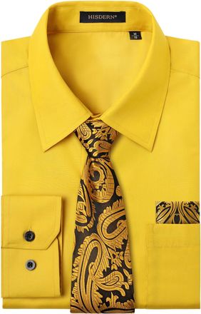 Hisdern Herren Hemd Gelb Langarm Einfarbige Hemden mit Krawatte und Taschentuch Formelle Businesshemd Hochzeit Freizeithemd mit Tasche Regular Fit XL