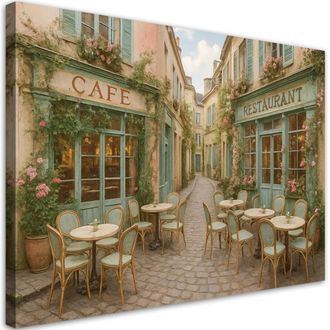 Feeby Leinwandbild - Bilder Wohnzimmer - Paris Restaurant Boho - 115x75 1tlg - Deko Schlafzimmer - Wanddekoration - Aesthetic - Gro&szlig; Moderne Bild - Foto auf