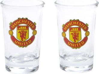 Manchester United FC - Schnappsglas, Wortmarke Wappen - 2er-Pack (Einheitsgr&ouml;&szlig;e) (Rot/Gelb/Transparent)