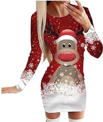 Generic Robes amincissantes 2026 pour femmes, motif rennes de No&euml;l et flocons de neige, col rond, manches longues, moulants, mini robe moulante &agrave; coutures, Ro