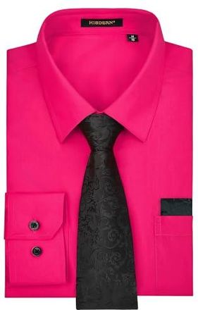 Hisdern Chemise Rose Homme Manches Longues avec Cravate Regular Chemises Élégante Mariage Habillée Chemise avec Poche XL