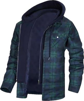 Generic Veste chemise à capuche en flanelle à carreaux pour homme, veste chemise chaude doublée de molleton, confortable à capuche en flanelle à carreaux pour