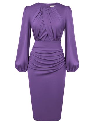 Grace Karin Damen Plissiertes Retro Langarmkleid mit Rundhalsausschnitt Hoher Taille Cocktailkleid Dunkellila S