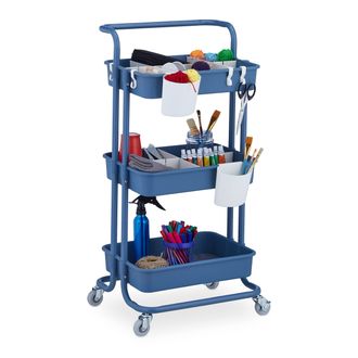 Relaxdays Rollwagen, 3 Etagen, Allzweckwagen, Hobby, Büro, Bad, Küchenwagen HBT 86x43x42 cm, Metall & Kunststoff, blau