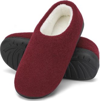 Mishansha Herren Filz Hausschuhe Winter Wärme Memory Foam Pantoffeln rutschfeste Plüsch Harte Sohle Slippers für Indoor & Outdoor, Granat Rot, 42/43 EU