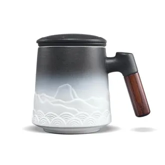 Zens Tasse &agrave; Th&eacute; avec Infuseur et Couvercle, 500 ML - Tasse en C&eacute;ramique Gaufr&eacute;e pour Th&eacute; en Feuilles, Poign&eacute;e en Bois - Mug avec Filtre pour Amateurs de T
