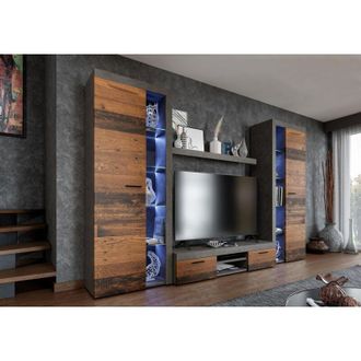 Furnix Furnix - Mediawand Marcuss xl Wohnwand TV-Schrank Vitrine Regal 4-tlg led 300cm old wood matera
