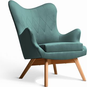 MG Design Ohrensessel aus Samt in Meerblau - Bequemer Polstersessel mit Holzbeinen, hoher R&uuml;ckenlehne & weichem Samtbezug f&uuml;r Wohnzimmer oder Schlafzimme