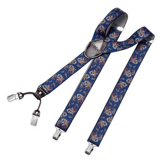 DonDon Hosentr&auml;ger Herren extra stark Paisley blau 3,5 cm Hosentr&auml;ger Herren breit mit brauem Leder in Y-Form lang - Starke Clips passend f&uuml;r Anzug Jeans Chi