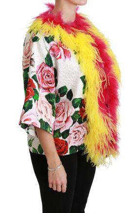 Dolce & Gabbana Womens White Floral Coat Capte Fur Roses Jacket Viscose Cotton Clothing