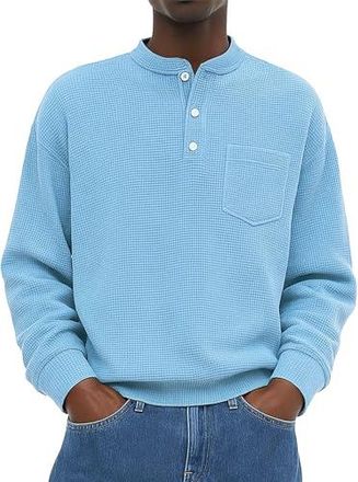 Generic Polo gaufr&eacute; pour homme avec poche de poitrine et col rond - T-shirt Henley grande taille - T-shirt &agrave; bouton 1/4 - Coupe confortable - Couleur unie - P