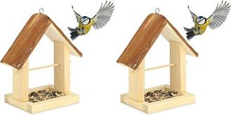Relaxdays Vogelfutterhaus Holz, Vogelhaus zum Aufh&auml;ngen, HBT: 27 x 23 x 13 cm, Rinde, Futterstelle f&uuml;r Wildv&ouml;gel, Natur (Packung mit 2)