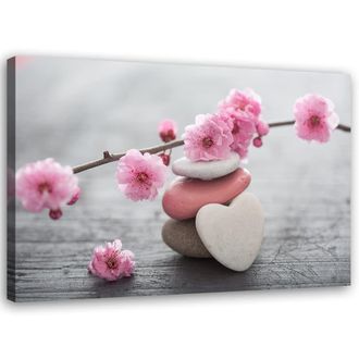 Feeby Vlies Leinwandbild Zen Steine Rustikal Spa 90x60 cm Druckbild Wandbild Wanddekoration Deko Wand Aesthetic Orientalisch Blumen Welness Rosa