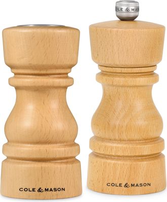 Cole & Mason London Salz- und Pfefferstreuer & M&uuml;hlen-Geschenkset, 130 mm / 5 M&uuml;hle aus nat&uuml;rlichem Buchenholz, scharfes Keramikmahlwerk