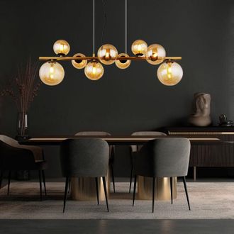 Globo Lighting Suspension lampe suspension lampe de table &agrave; manger lampe boule 9 flammes verre, ambre noir, 9x G9 led 3W 80lm 3000K blanc chaud, LxlxH 86,6x36x120 cm