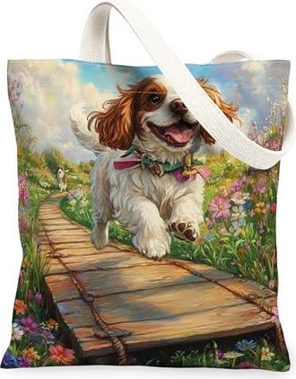 Generic Sac fourre-tout en toile motif chien Cavalier King Charles Spaniel pour le shopping, 33 x 38,1 cm, sac d&eacute;picerie r&eacute;utilisable pour femme, sac d&eacute;piceri