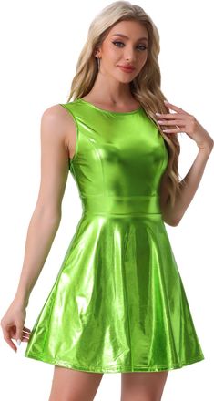 Allegra K Damen Metallic &Auml;rmellos Hohe Taille Club Party Disco Holografisches Kleid, Gl&auml;nzendes Gr&uuml;n, Mittel