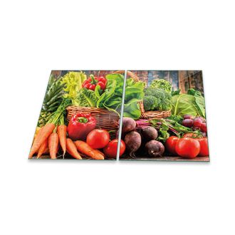 Decorwelt | Herdabdeckplatten 2x40x52 cm 2-Teilig Gem&uuml;se Bunt Ceranfeldabdeckung Universal Spritzschutz Glas Deko Elektroherd Induktion f&uuml;r Kochplatten Herdschu
