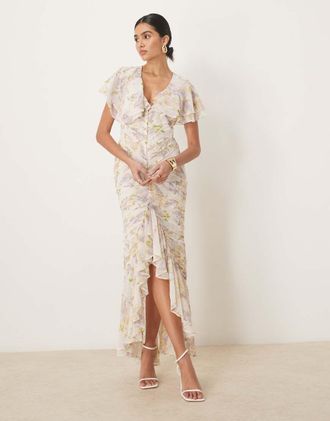 Asos Maxikleid mit Cape-&Auml;rmeln, Biesen und Glyzinien-Blumenprint-Bunt