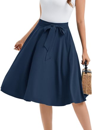 Bbonlinedress Trachtenrock Damen Knielang R&ouml;cke Vintage Rockabilly Oktoberfest Rock Basic Vielseitige Casual Tellerrock Hohe Taille Freizeitrock Navy 2XL