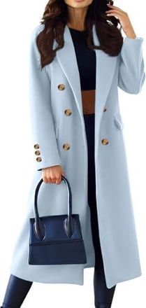 Generic Manteau long en laine pour femme, manteau mi-long, veste crant&eacute;e &agrave; revers &agrave; double boutonnage, v&ecirc;tements dext&eacute;rieur pour lautomne et lhiver 2026, bleu