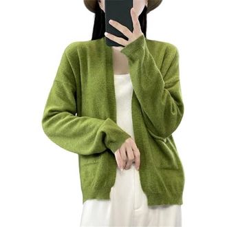 Generic Cardigan tricot&eacute; en laine fine m&eacute;lang&eacute;e &agrave; col en V sans boucle pour femme, Vert citron, XS
