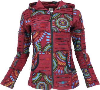 Guru Shop Goa Patchwork Jacke, Boho Kapuzenjacke, Ethno Jacke - Weinrot/blau, Damen, Baumwolle, Size:XL