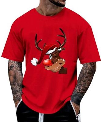 Generic T-shirts de No&euml;l pour hommes UK Automne P&egrave;re No&euml;l T-shirt l&eacute;ger renne col rond Tunique tops moche dessin anim&eacute; col rond Streetwear, Rouge, 3XL