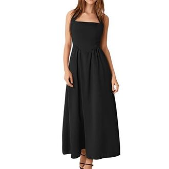 Generic Robe d&eacute;t&eacute; sans manches pour femme, dos nu, &eacute;paules d&eacute;nud&eacute;es, taille haute, robe longue &eacute;vas&eacute;e fluide, robe d&eacute;t&eacute; boh&egrave;me, robe de vacances pour la plage